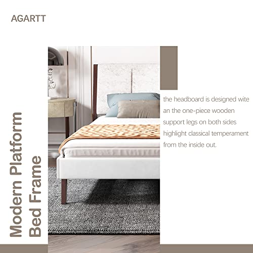 AGARTT Modern Upholstered Platform Queen Size Bed Frame with Unique Headboard Easy Assembly Cream Velvet