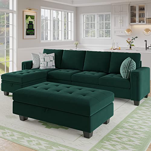 Belffin Velvet Convertible 4-Seat Sectional Sofa with Reversible Chaise L Shaped Sofa Couch Furniture Sets Sectional Couch with Storage Ottoman Green