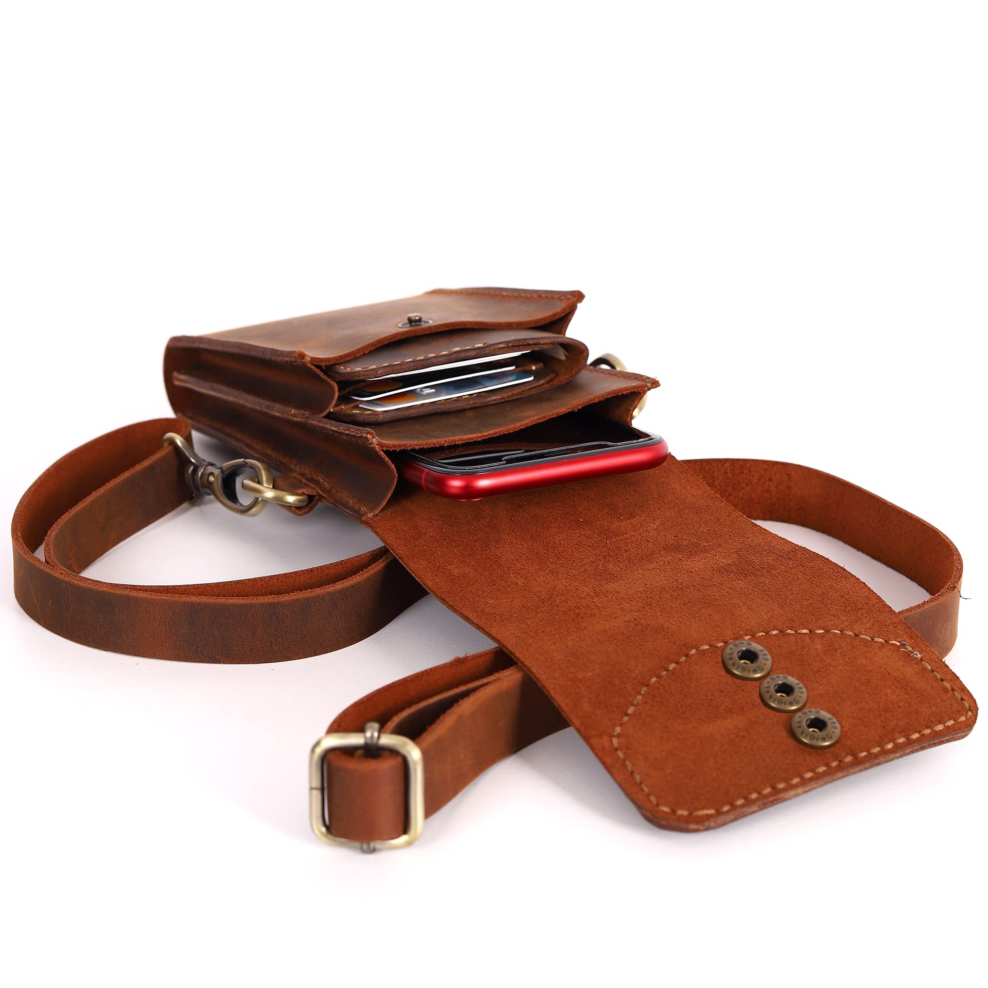 Handmade Mens Crossbody Phone Bag, Iphone 13 Pro Wallet Case, Cell Phone Crossbody Bag, Phone Case With Adjustable Strap, Crossbody Phone Wallet For Men, Leather Phone Wallet (Dark Brown)