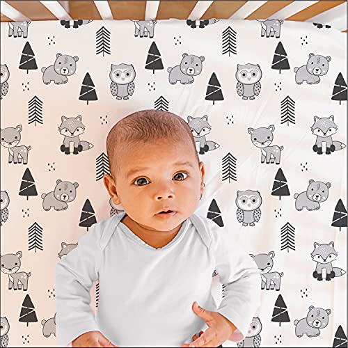 The Peanutshell Fitted Crib Sheet Set for Baby Boys or Girls - Unisex 4 Pack - Woodland Animals & Buffalo Plaid
