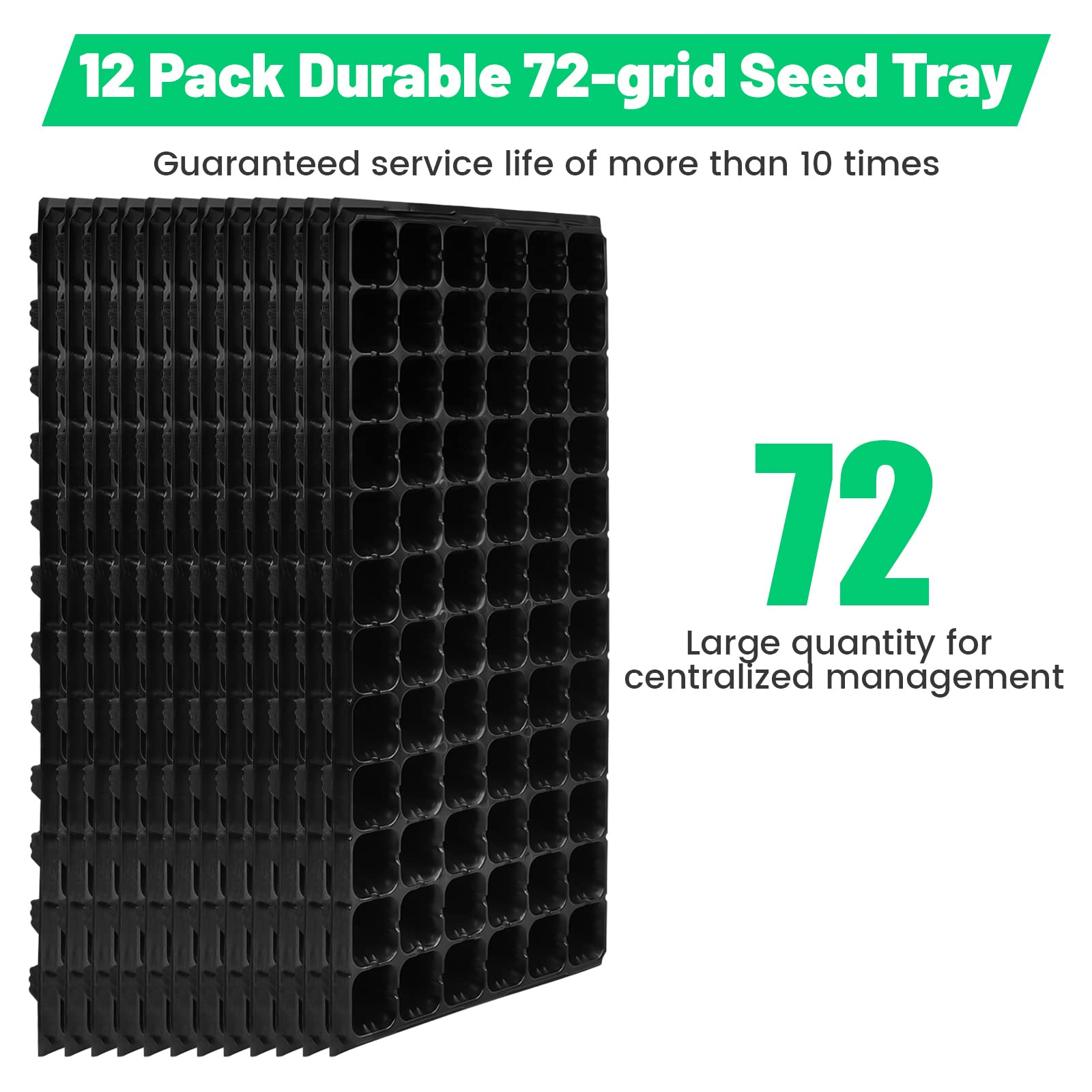 12 Pack Thick Durable 72 Cell Seed Starter Tray, 1.5inch Deep Gardening Germination Plant Growing Plastic Trays for Seeds Growing Plant Seedlings Propagation