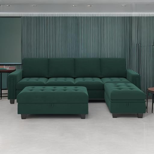 Belffin Velvet Convertible 4-Seat Sectional Sofa with Reversible Chaise L Shaped Sofa Couch Furniture Sets Sectional Couch with Storage Ottoman Green