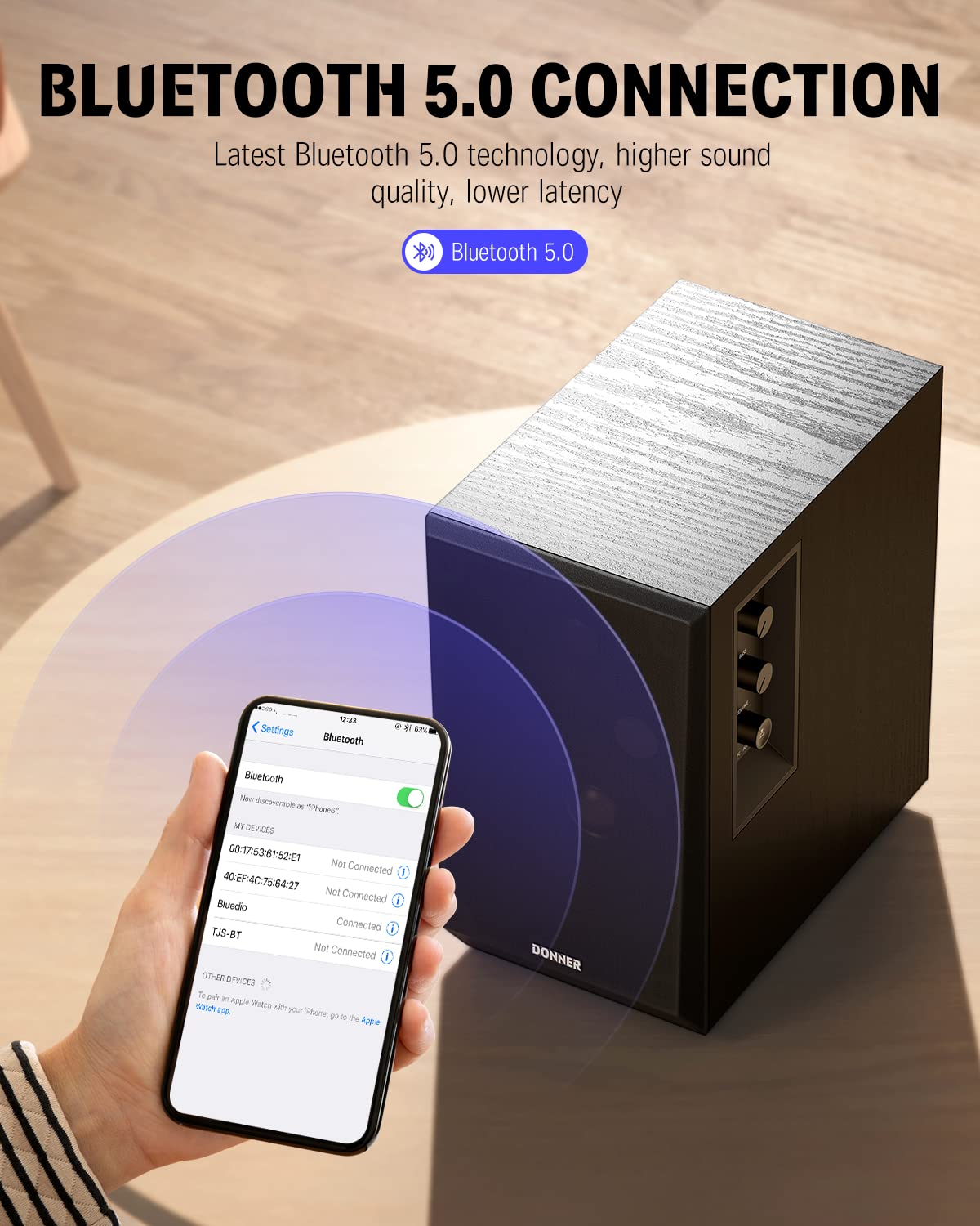 Donner Active Bookshelf Speakers with 60W RMS Powered, Long Stroke Stereo Speakers with Bluetooth 5.0/Coax/Opt/USB DAC/Double RCA Input and Subwoofer Output, Home Audio System - A40D