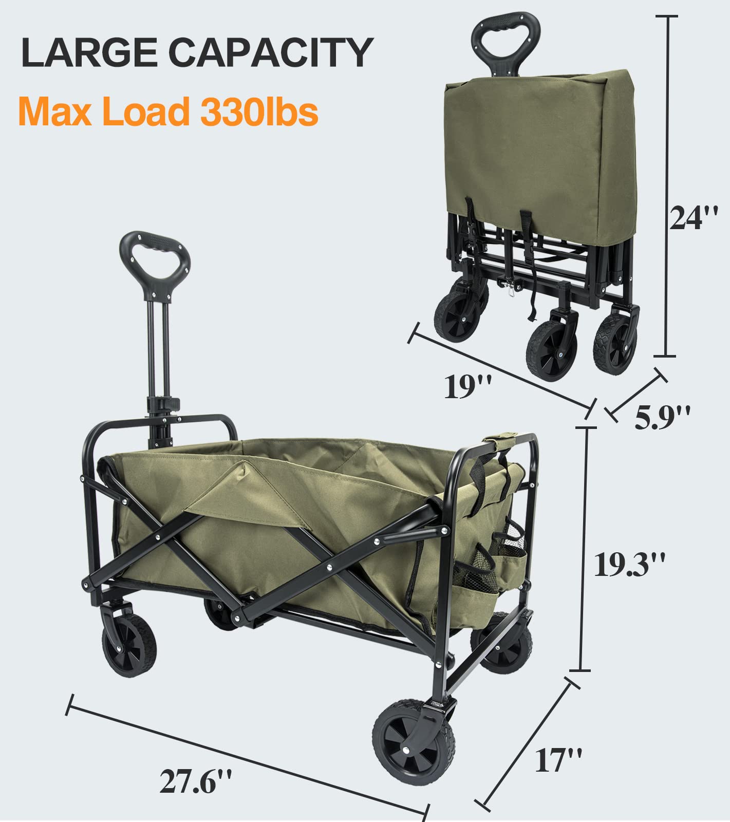 330lbs Collapsible Folding Wagon Cart Heavy Duty Outdoor Utility Wagon Beach Wagon Grocery Wagon Camping Portable Garden Wagon Cart with All-Terrain Wheels(Green)