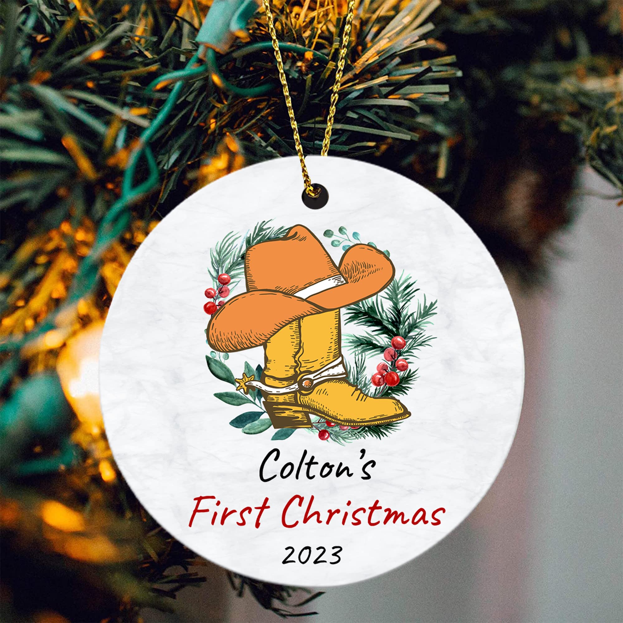 MeMate Personalized Babys First Christmas 2023 Ceramic Ornament, Western Baby's 1st Christmas Ornaments Keepsake, Cowboy Baby Name Ornaments, Christmas Decoration for Newborn