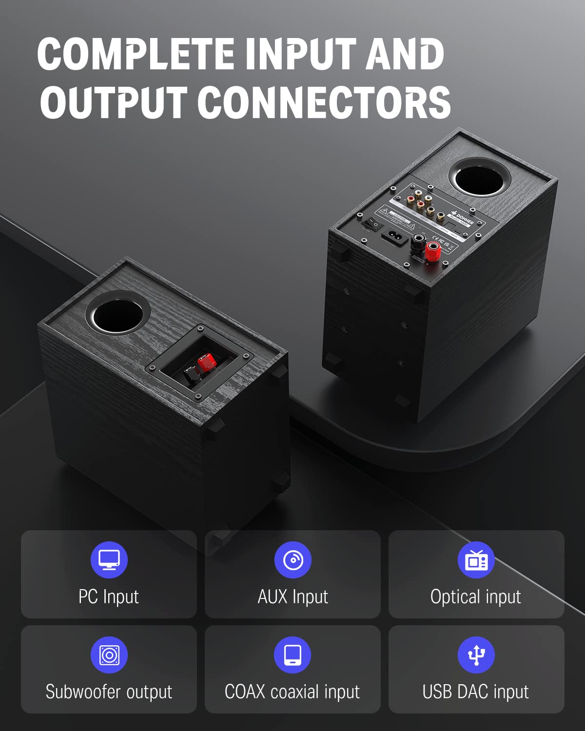 Donner Active Bookshelf Speakers with 60W RMS Powered, Long Stroke Stereo Speakers with Bluetooth 5.0/Coax/Opt/USB DAC/Double RCA Input and Subwoofer Output, Home Audio System - A40D