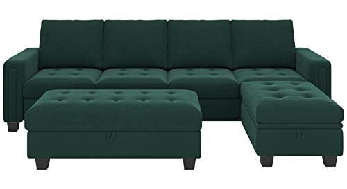 Belffin Velvet Convertible 4-Seat Sectional Sofa with Reversible Chaise L Shaped Sofa Couch Furniture Sets Sectional Couch with Storage Ottoman Green