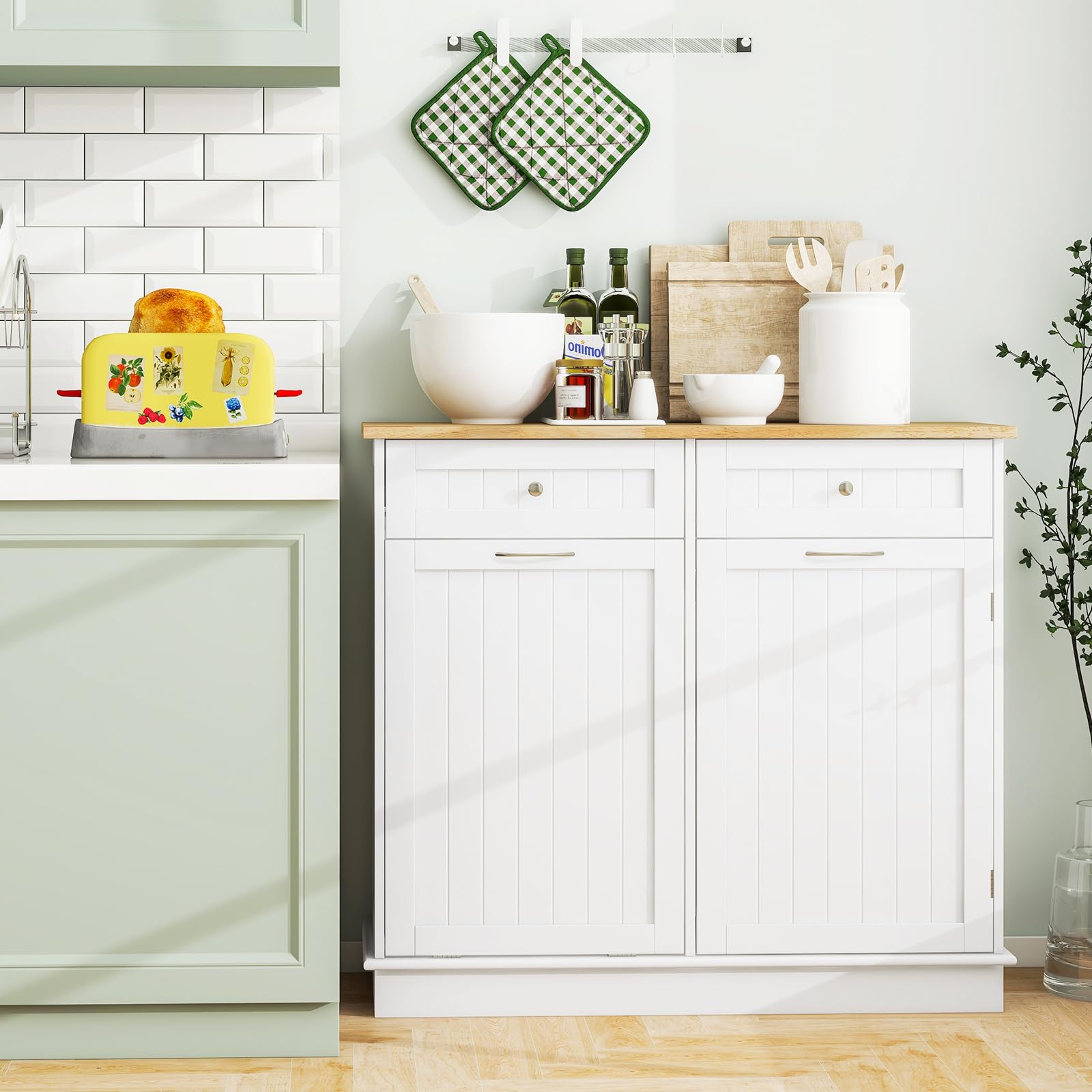 LOKO Kitchen Tilt Out Trash Cabinet, Modern Trash Cabinet with 2 Drawers & Adjustable Shelf, Pet Proof Trash Can Cabinet with Rubber Wood Tabletop, Ideal for Living Room, Dining Room (White)