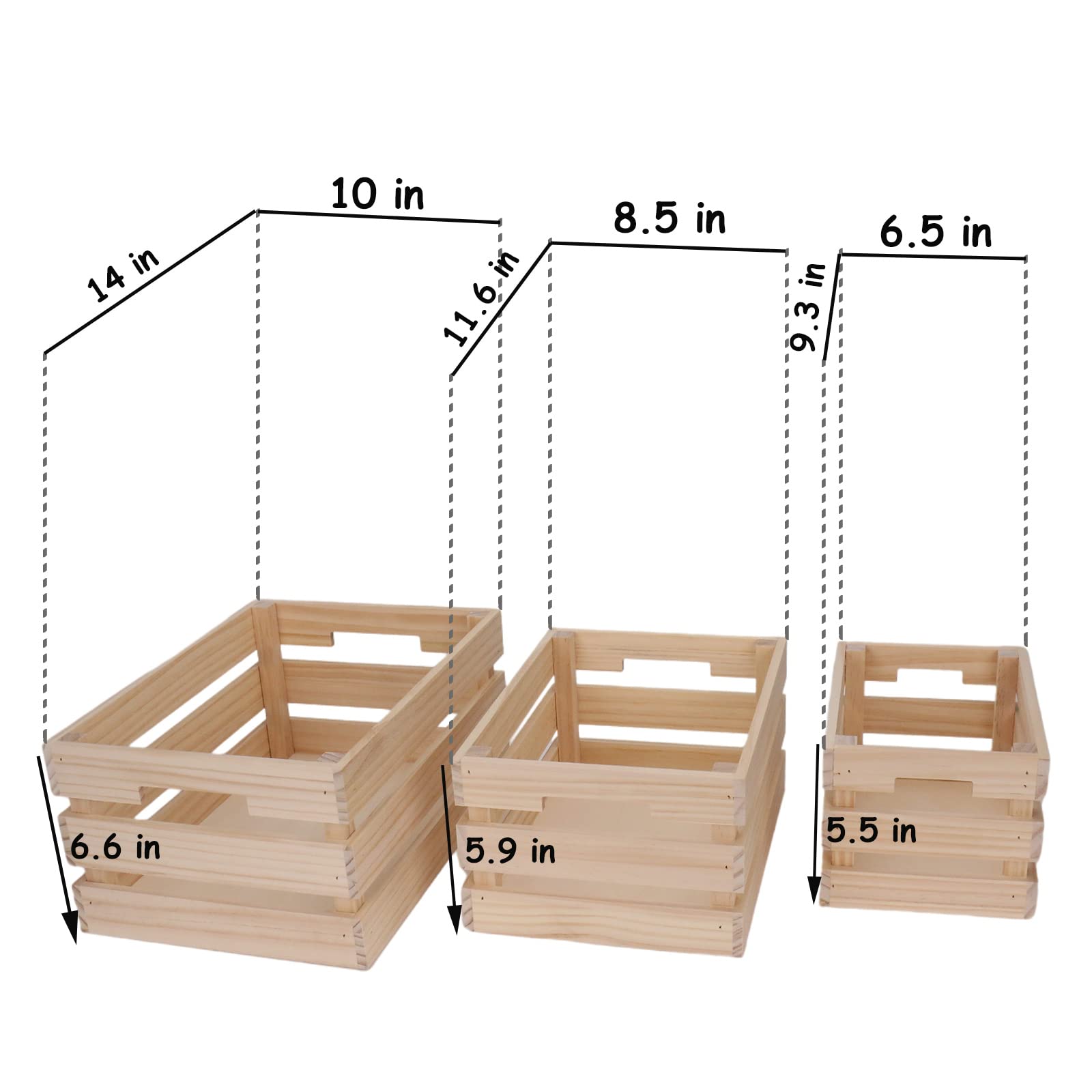Set of 3 Natural Wood Crates - Unfinished Country Style Storage Boxes for Decor & Photo Props