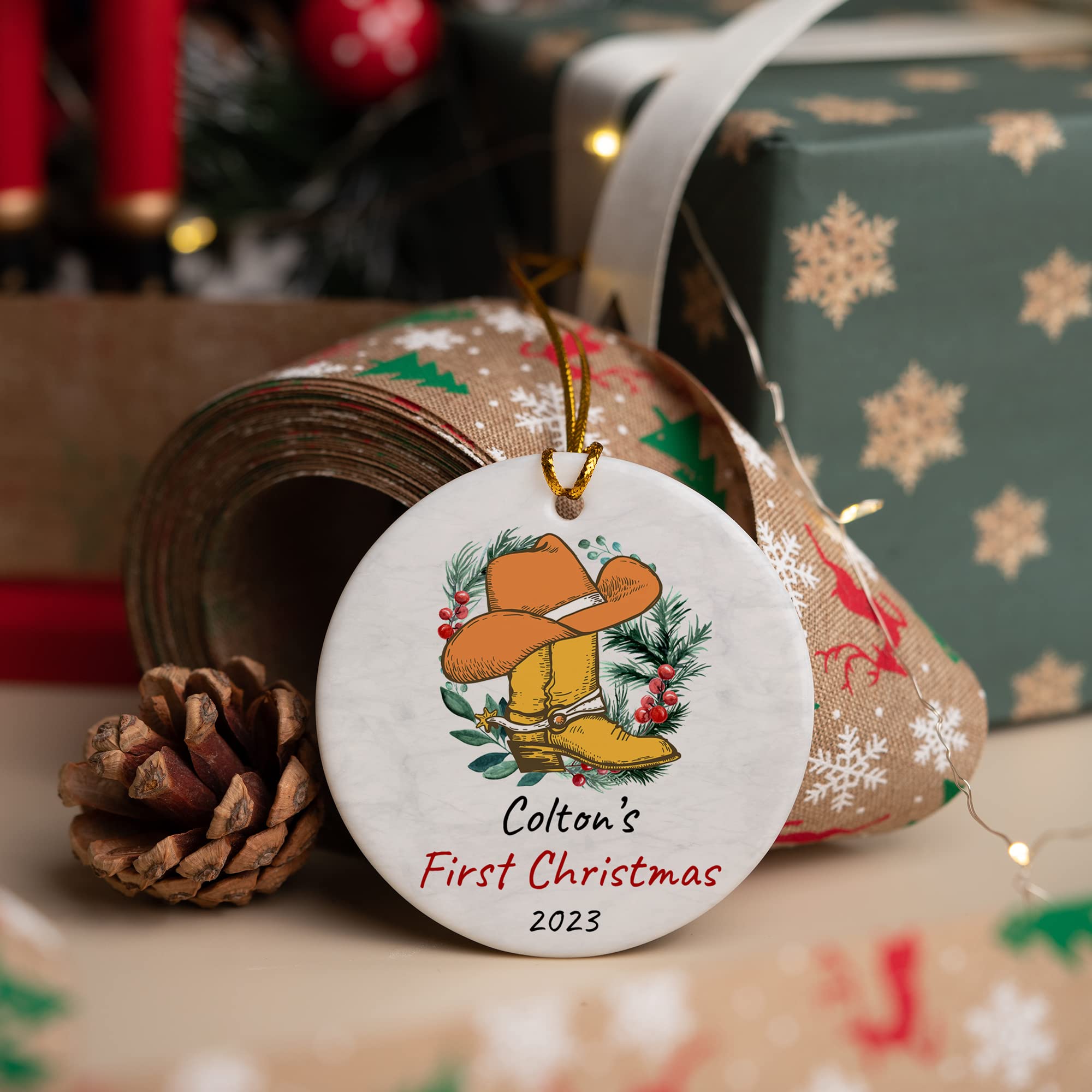 MeMate Personalized Babys First Christmas 2023 Ceramic Ornament, Western Baby's 1st Christmas Ornaments Keepsake, Cowboy Baby Name Ornaments, Christmas Decoration for Newborn