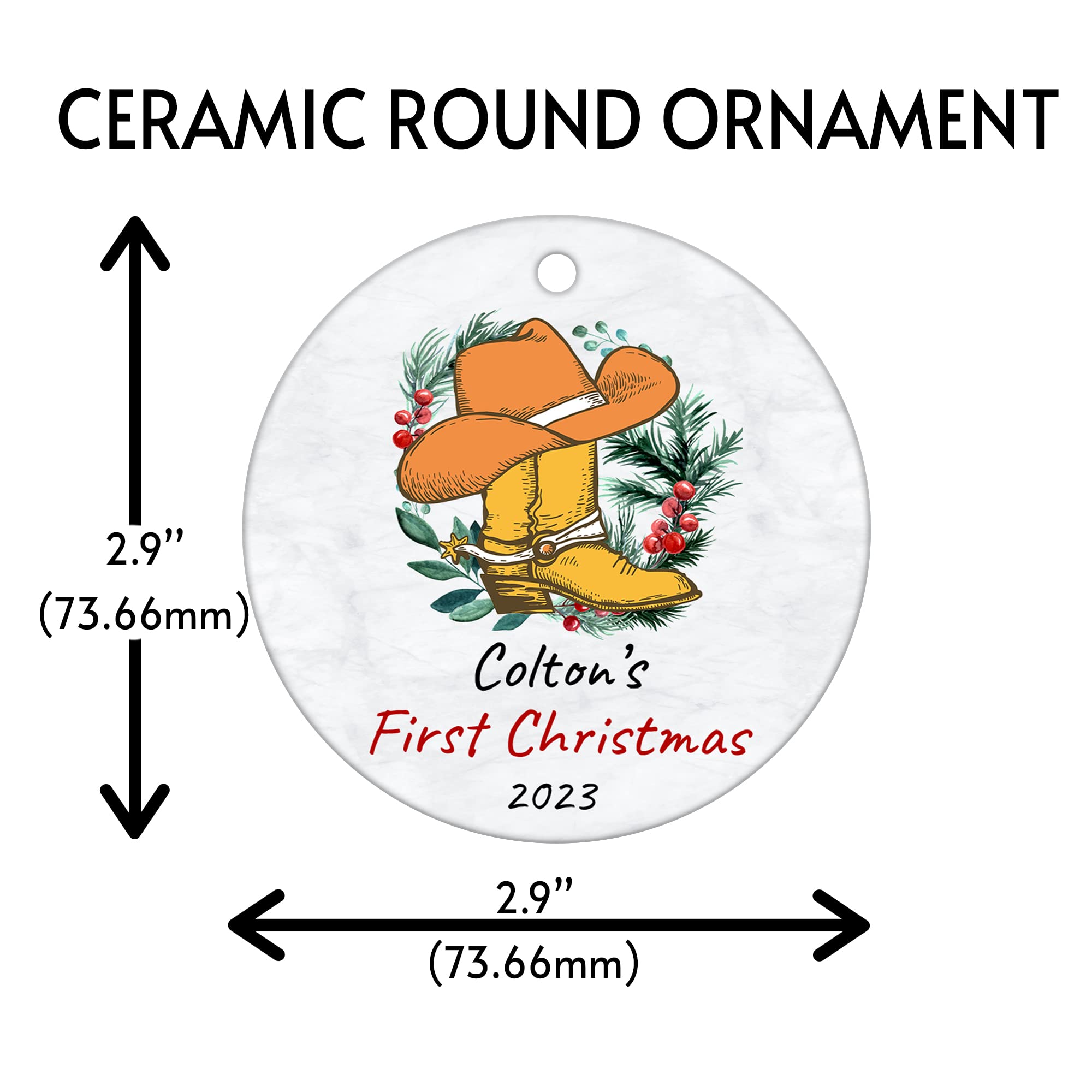 MeMate Personalized Babys First Christmas 2023 Ceramic Ornament, Western Baby's 1st Christmas Ornaments Keepsake, Cowboy Baby Name Ornaments, Christmas Decoration for Newborn