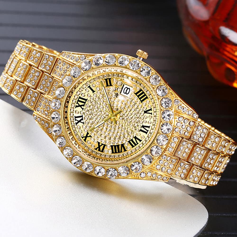 LGXIGE Mens Ice Out Watches Big Rocks with Roman Numerals Fully Colorful Dial Gold Watch (Gold)