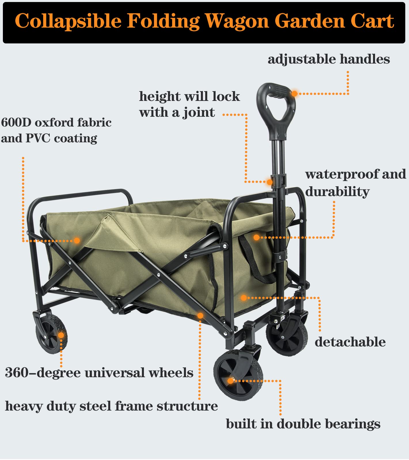 330lbs Collapsible Folding Wagon Cart Heavy Duty Outdoor Utility Wagon Beach Wagon Grocery Wagon Camping Portable Garden Wagon Cart with All-Terrain Wheels(Green)