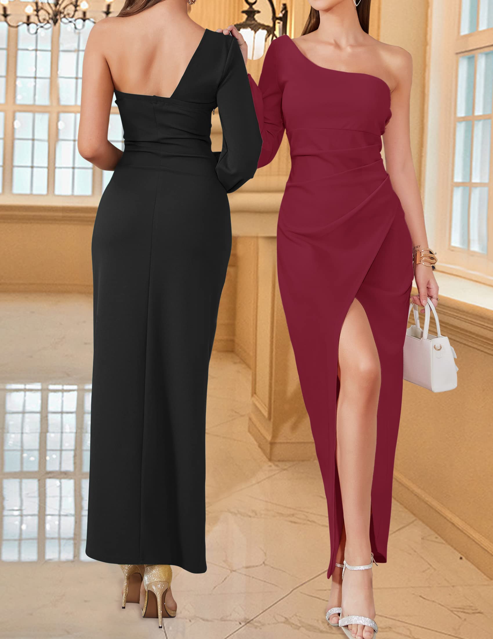 ZESICA Women's 2024 One Shoulder Long Sleeve Cocktail Dress Sexy High Slit Ruched Bodycon Wedding Guest Maxi Dresses,Black,Small