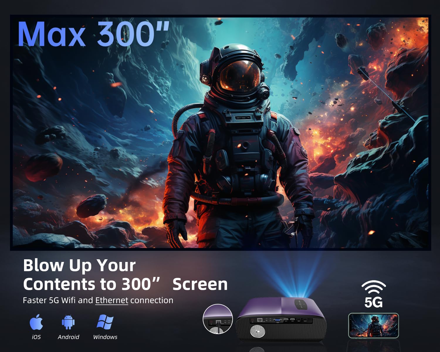 UHD 4K Projector with 5G Wifi Bluetooth, Home Cinema Daytime Projector for Gaming Office Works 13,000Lumens LCD Smart Projectors Wireless Casting with iPhone Laptop Netflix + Purple