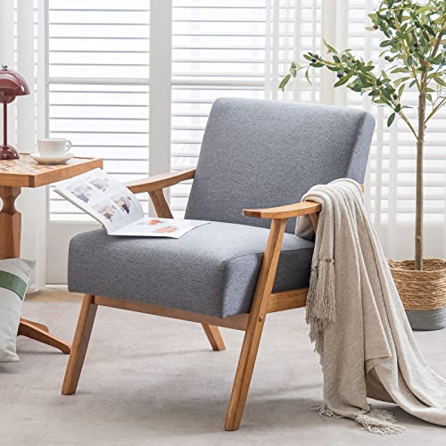 VINGLI Grey Accent Chairs Set of 2, Retro Mid Century Lounge Chairs for Living Room, Sturdy Upholstered Solid Wood Boho Farmhouse Armchairs for Bedroom/Reception
