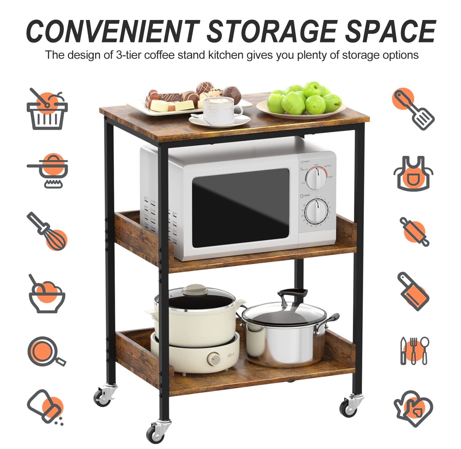 Kitchen Microwave Cart, 3 Tier Rolling Kitchen Utility Cart on Wheels Coffee Cart, Kitchen Storage Islands for Living and Kitchen Room