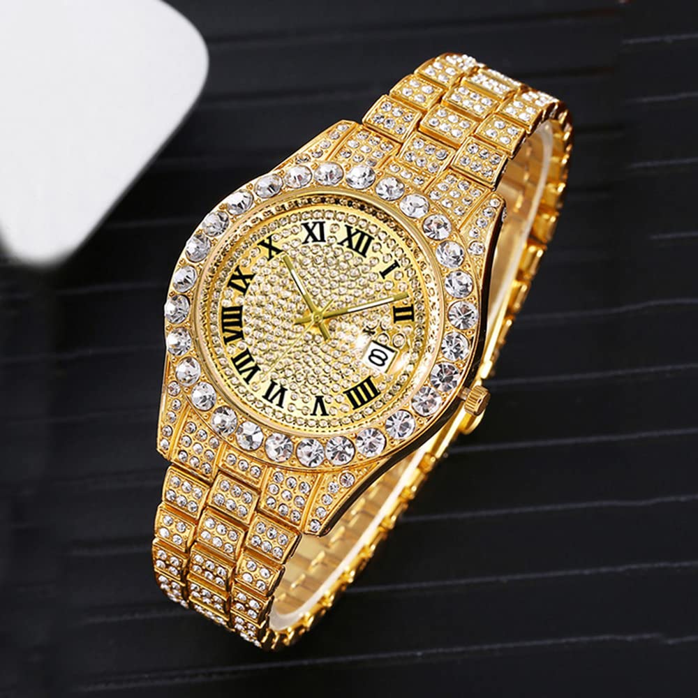 LGXIGE Mens Ice Out Watches Big Rocks with Roman Numerals Fully Colorful Dial Gold Watch (Gold)