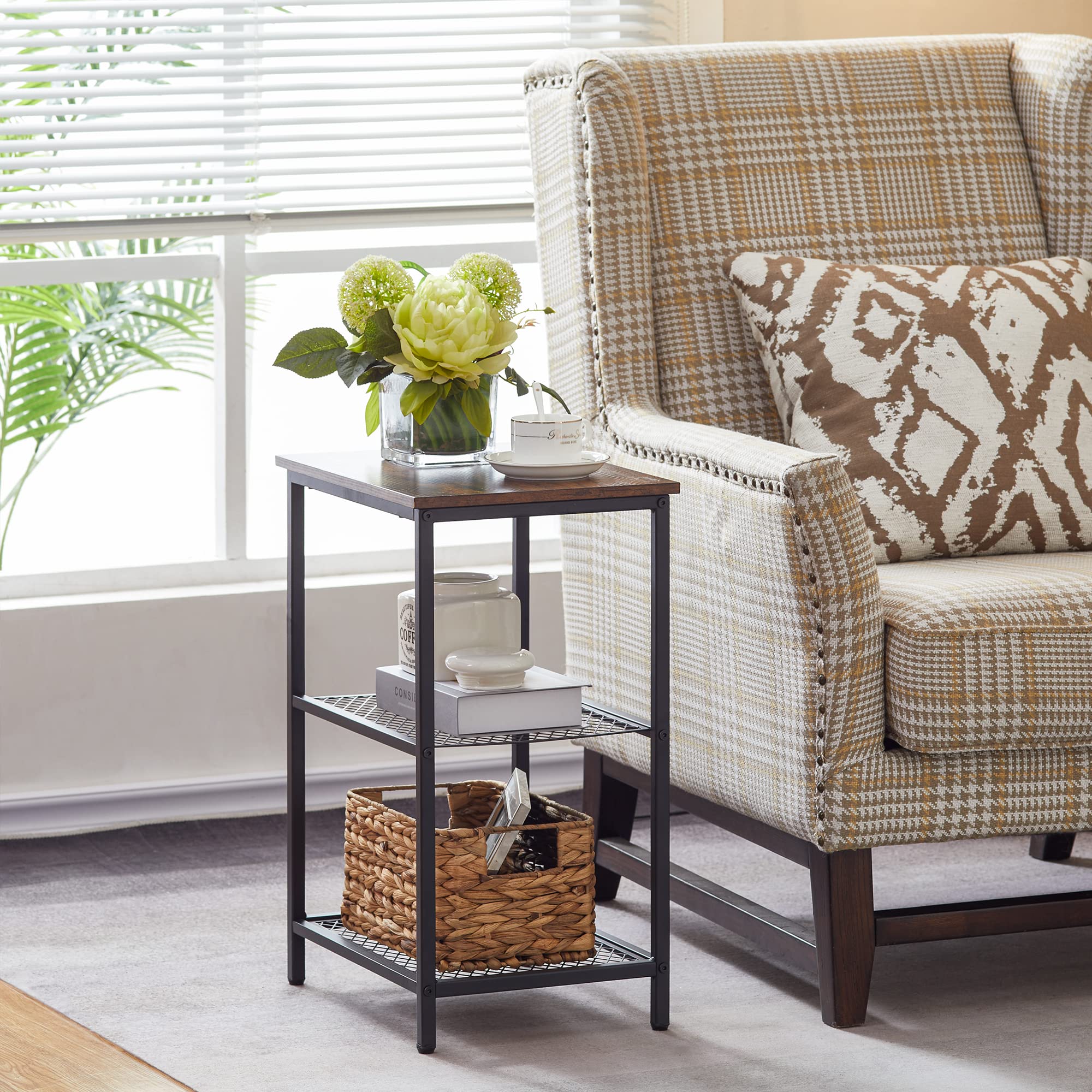 VECELO End Side Table with Storage Shelf, Industrial Night Stand , 3-Tier Small Nightstand for Living room, Bedroom