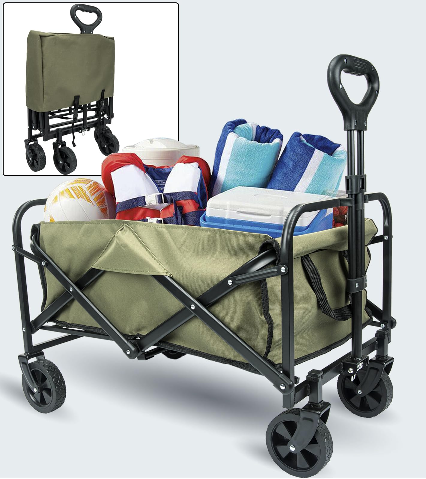 330lbs Collapsible Folding Wagon Cart Heavy Duty Outdoor Utility Wagon Beach Wagon Grocery Wagon Camping Portable Garden Wagon Cart with All-Terrain Wheels(Green)