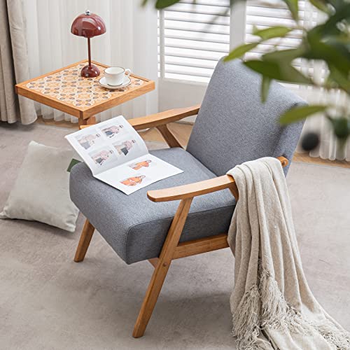 VINGLI Grey Accent Chairs Set of 2, Retro Mid Century Lounge Chairs for Living Room, Sturdy Upholstered Solid Wood Boho Farmhouse Armchairs for Bedroom/Reception