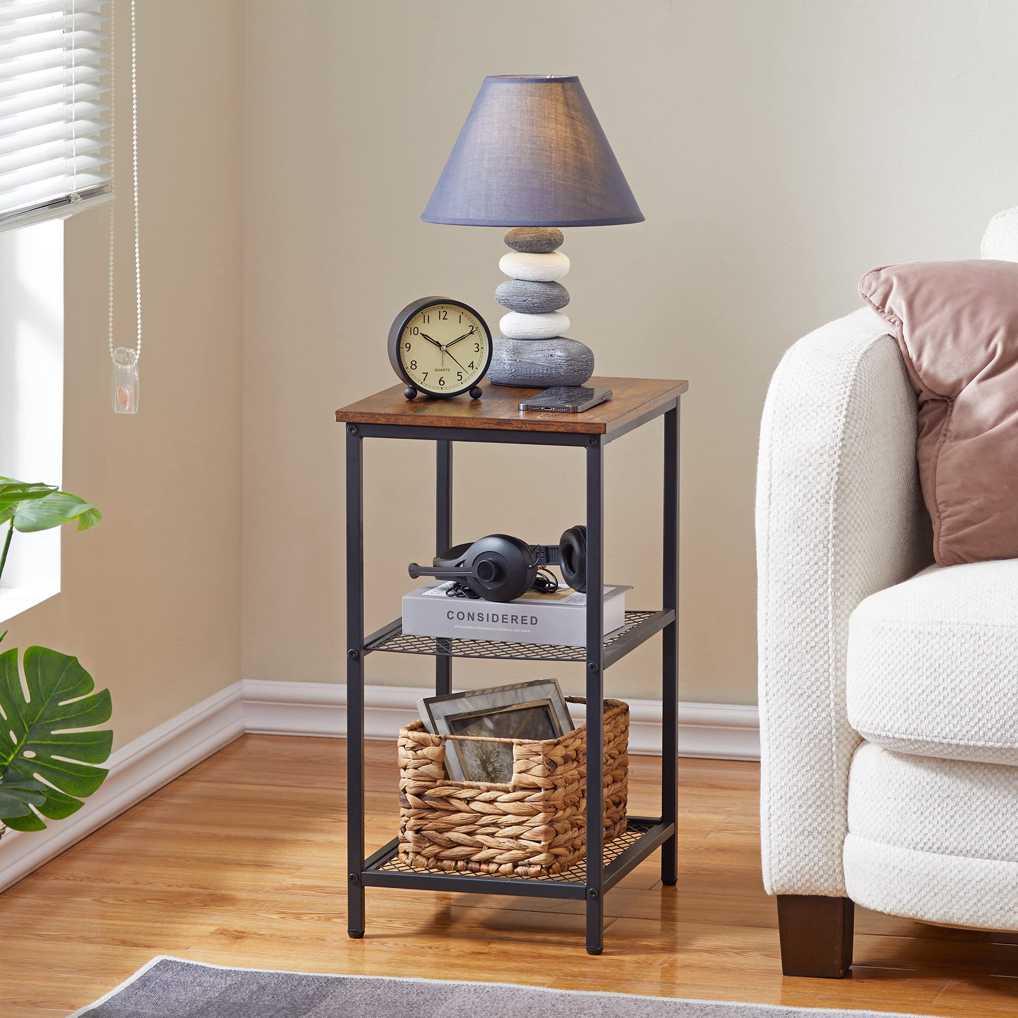 VECELO End Side Table with Storage Shelf, Industrial Night Stand , 3-Tier Small Nightstand for Living room, Bedroom