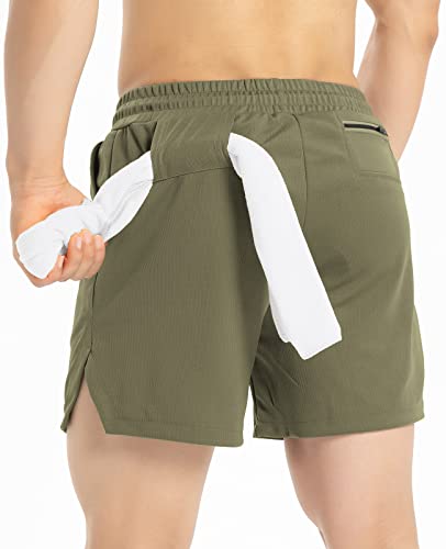 KLINNFENR Mens Gym Running Shorts Quick Dry 5 inch Inseam Athletic Workout Training Shorts with Reflective Zipper Pockets Towel Loop,Army Green S