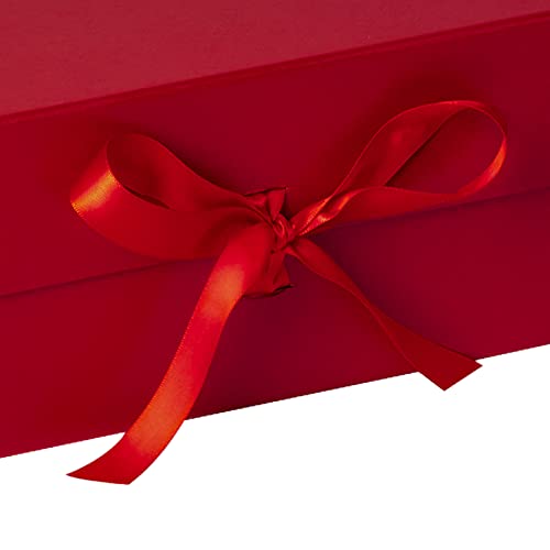 WRAPAHOLIC 2Pcs Red Gift Box with Satin Ribbon, 14x9x4.5 Inches Collapsible Gift Box with Magnetic Closure for Wedding, Party, Gift Wrap, Bridesmaid Proposal, Storage