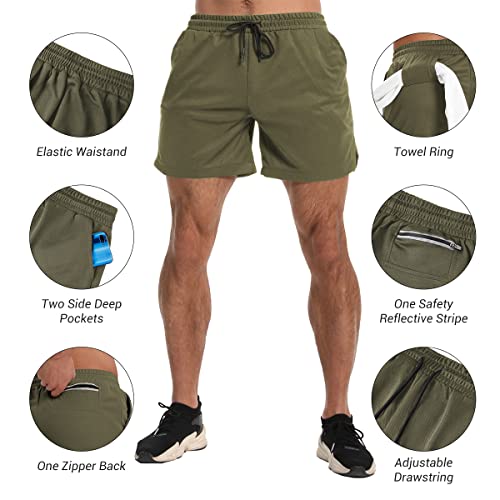 KLINNFENR Mens Gym Running Shorts Quick Dry 5 inch Inseam Athletic Workout Training Shorts with Reflective Zipper Pockets Towel Loop,Army Green S