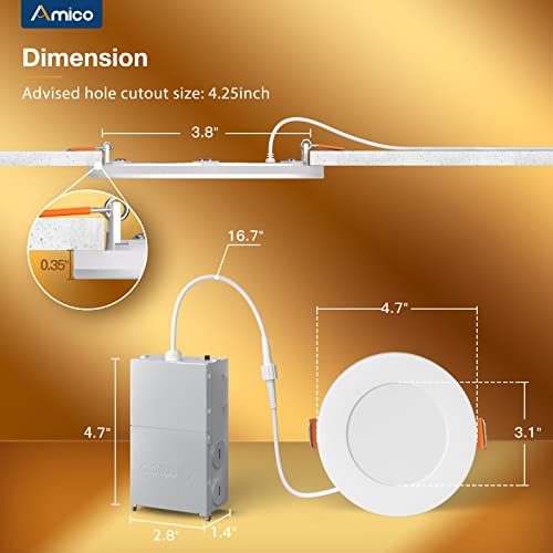 Amico 16 Pack 4 Inch 5CCT LED Recessed Ceiling Light with Night Light, 2700K/3000K/3500K/4000K/5000K Selectable Ultra-Thin Recessed Lighting, 10W=90W, 700LM, Dimmable Canless Wafer Downlight - ETL&FCC
