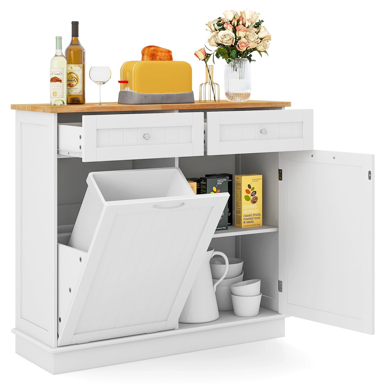 LOKO Kitchen Tilt Out Trash Cabinet, Modern Trash Cabinet with 2 Drawers & Adjustable Shelf, Pet Proof Trash Can Cabinet with Rubber Wood Tabletop, Ideal for Living Room, Dining Room (White)