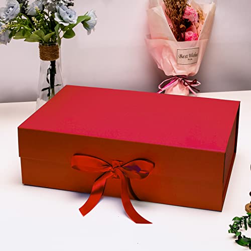 WRAPAHOLIC 2Pcs Red Gift Box with Satin Ribbon, 14x9x4.5 Inches Collapsible Gift Box with Magnetic Closure for Wedding, Party, Gift Wrap, Bridesmaid Proposal, Storage