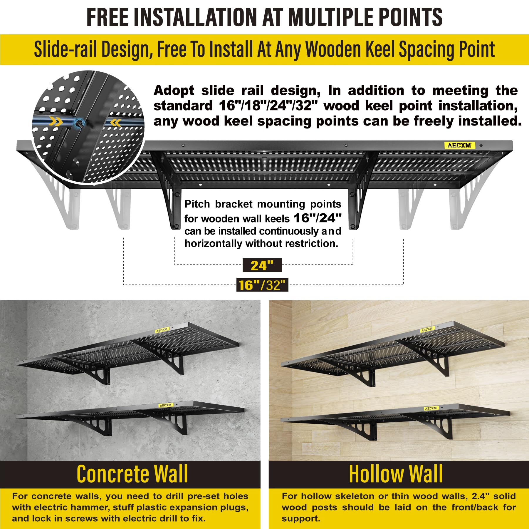 Aecxm 2pack-1.64x4ft Garage Storage Rack - Floating Wall Shelves, Heavy Duty, Sturdy, Wall Mounted (Black)