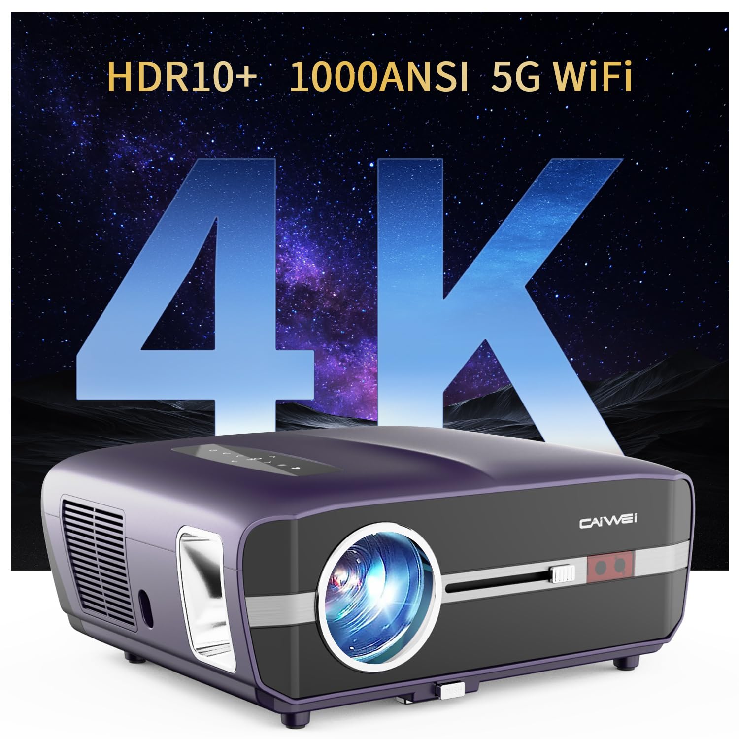 UHD 4K Projector with 5G Wifi Bluetooth, Home Cinema Daytime Projector for Gaming Office Works 13,000Lumens LCD Smart Projectors Wireless Casting with iPhone Laptop Netflix + Purple