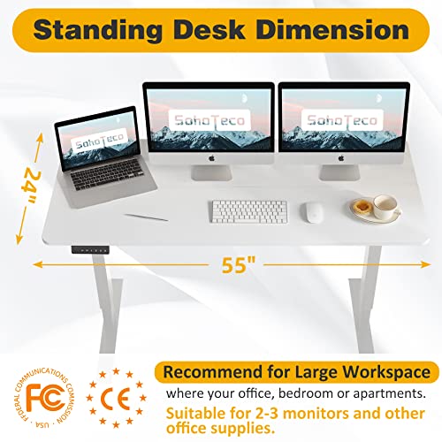 Electric Standing Desk, 55x24 Height Adjustable Sit Stand Desk with Memory Presets, Large Computer Desk for Home and Office, White Frame & White Desktop