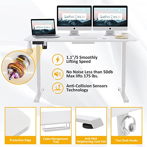 Electric Standing Desk, 55x24 Height Adjustable Sit Stand Desk with Memory Presets, Large Computer Desk for Home and Office, White Frame & White Desktop