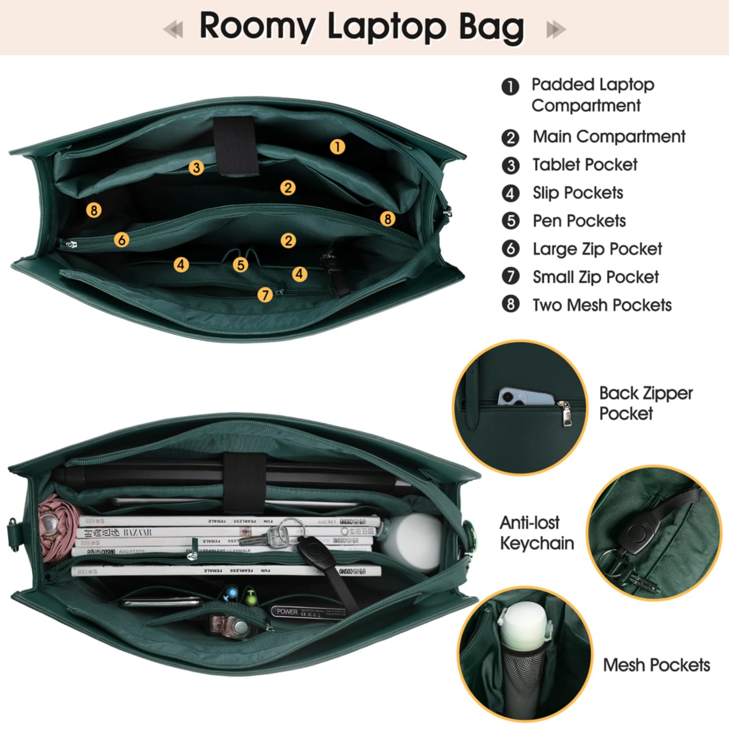 IGOLUMON Laptop Bag for Women 15.6 Inch Laptop Tote Bag Large Work Bag Waterproof Leather Office Briefcase Business Computer Bag Shoulder Handbag Dark Green