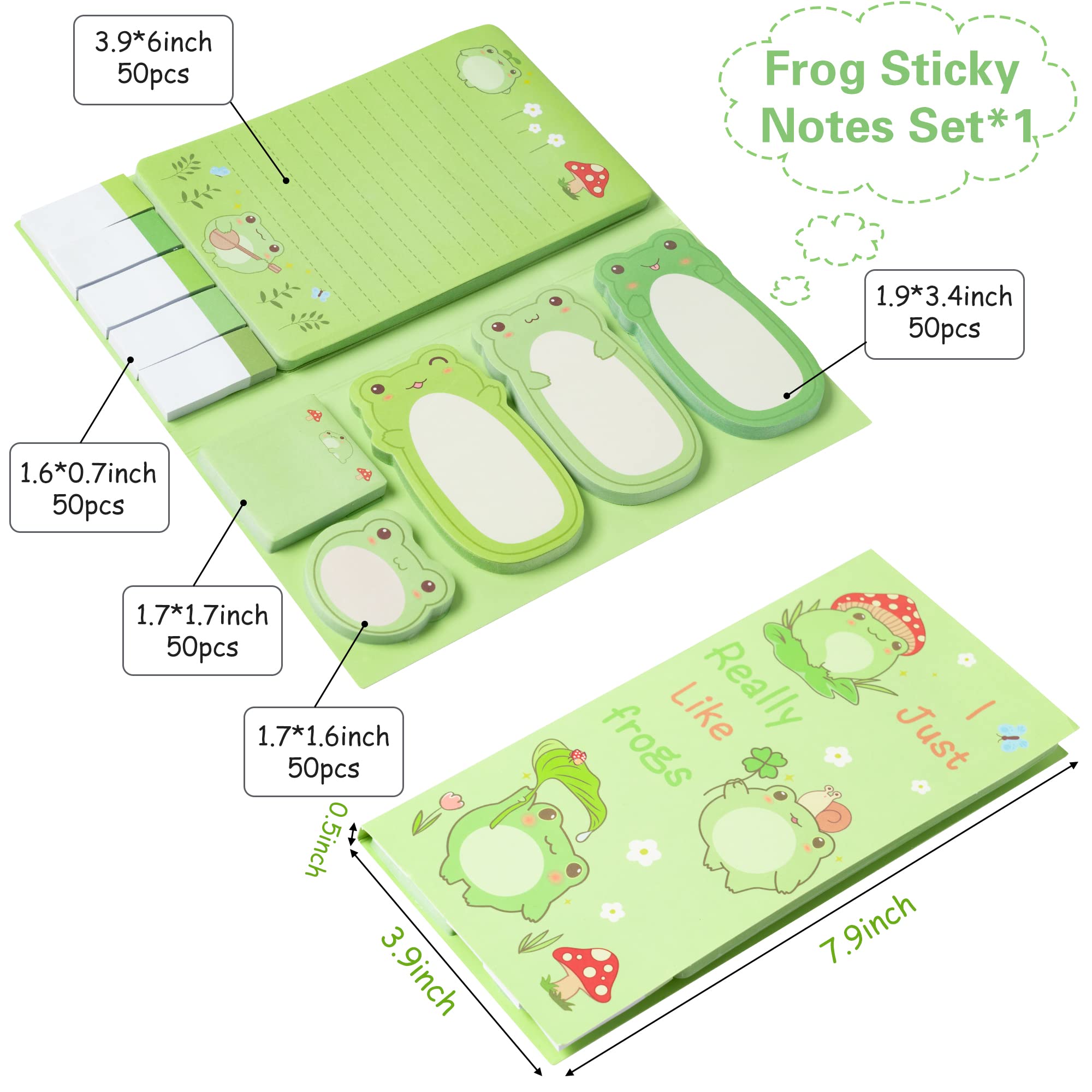 Xqumoi I Just Really Like Frogs Sticky Notes Set, 550 Sheets, Cute Cartoon Frogs Self-Stick Notes Pads Animal Divider Tabs Bundle Writing Memo Pads Back to School Office Supplies Small Gift
