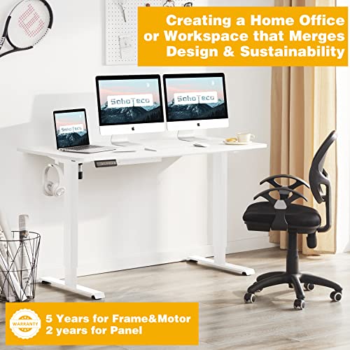 Electric Standing Desk, 55x24 Height Adjustable Sit Stand Desk with Memory Presets, Large Computer Desk for Home and Office, White Frame & White Desktop
