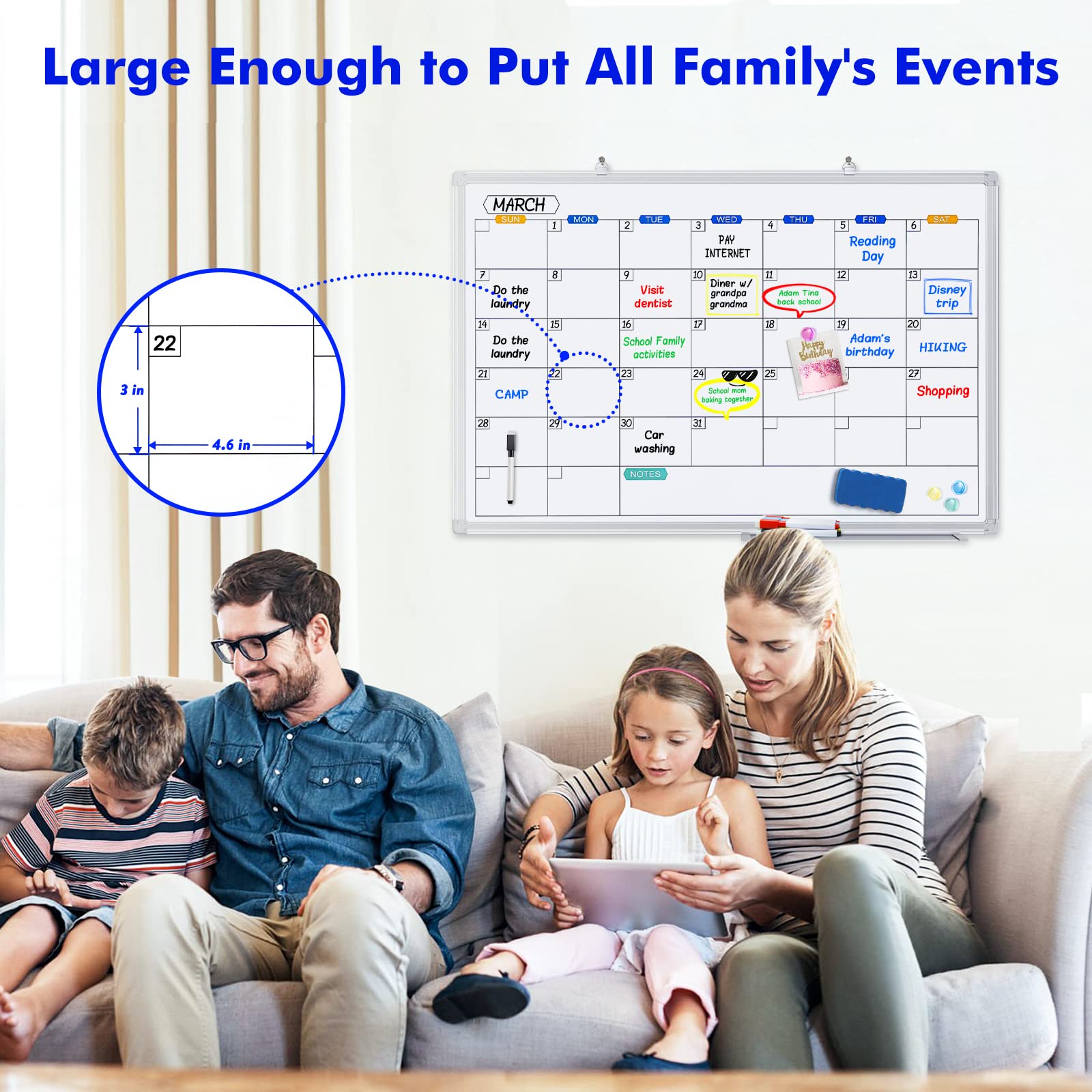 Dry Erase Calendar Whiteboard for Wall, 36" x 24" Magnetic Monthly WhiteBoard Calendar Dry Erase, Wall Hanging Aluminum Frame Calendar Board with Tray for Home, School, Office (Silver Frame)