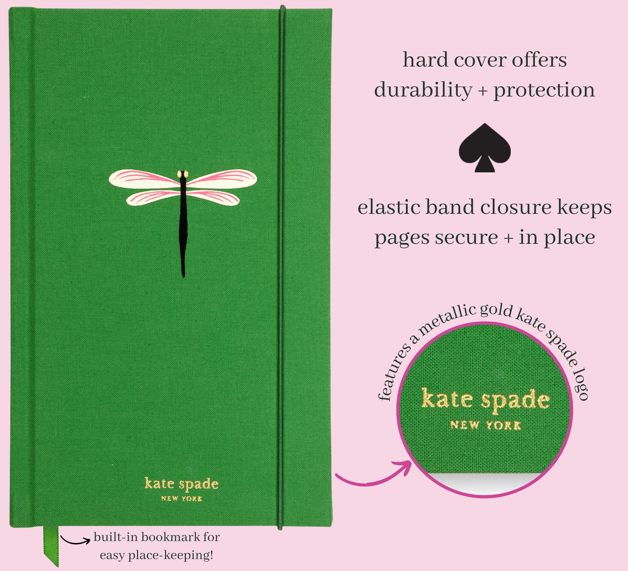 Kate Spade New York Take Note Large Notebook Journal, Green Cloth Hardcover Journal, Diary Includes 168 Lined Pages, Dragonfly Flight