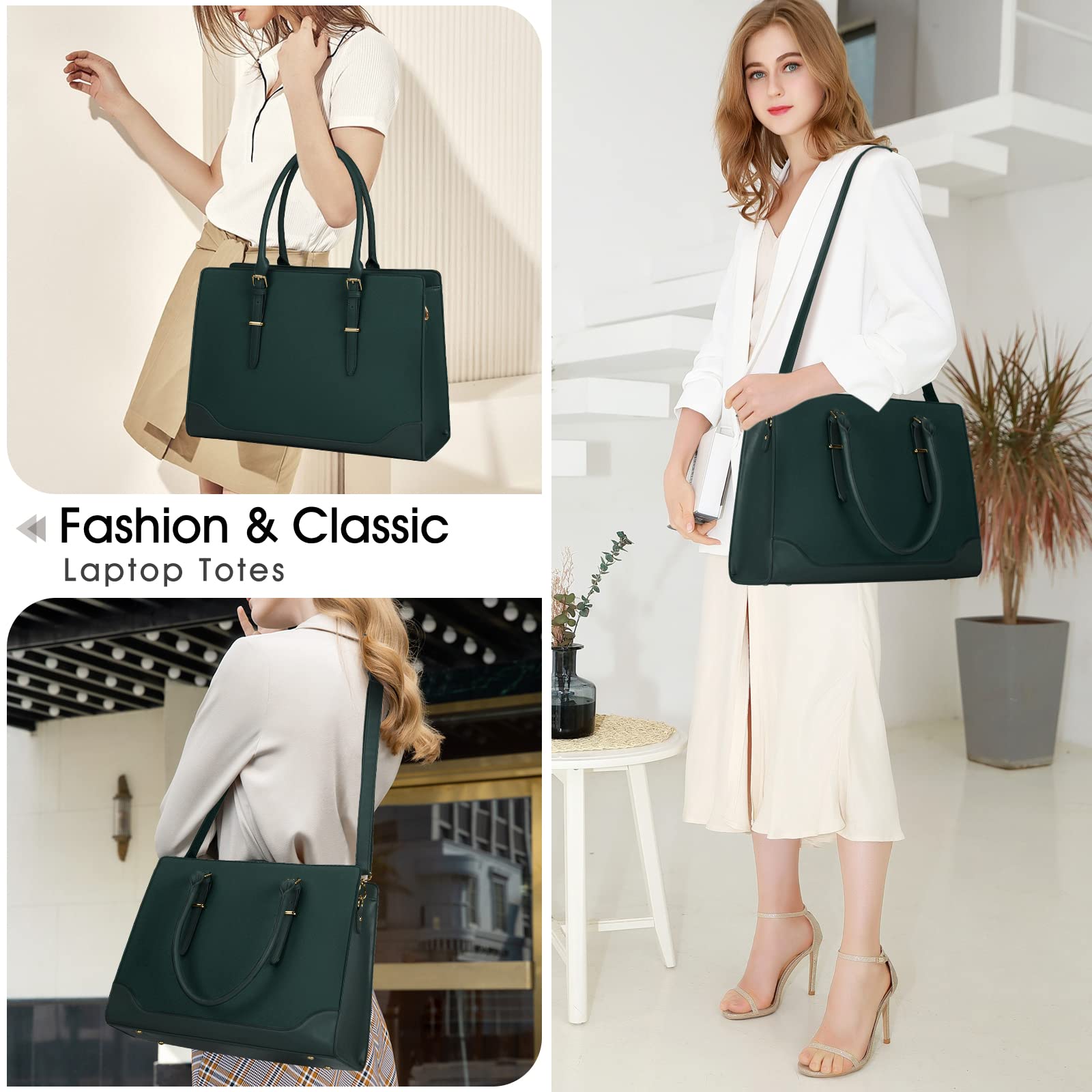 IGOLUMON Laptop Bag for Women 15.6 Inch Laptop Tote Bag Large Work Bag Waterproof Leather Office Briefcase Business Computer Bag Shoulder Handbag Dark Green