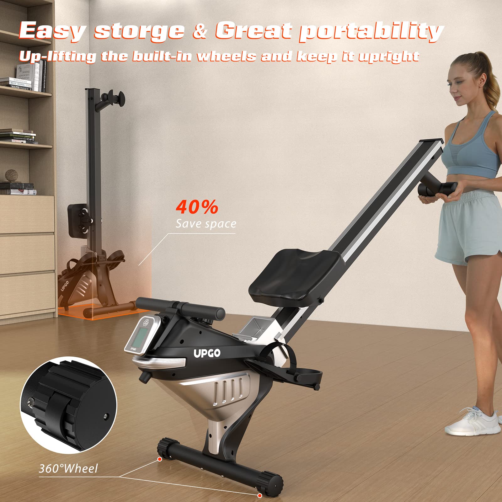 Upgo Rower Magnetic Rowing Machine Indoor Foldable Rower with 8 Level Adjustable Quiet Magnetic Resistance, Ergonomic Seat & LCD Monitor Cardio Exercise Training Max Weight 350 lbs