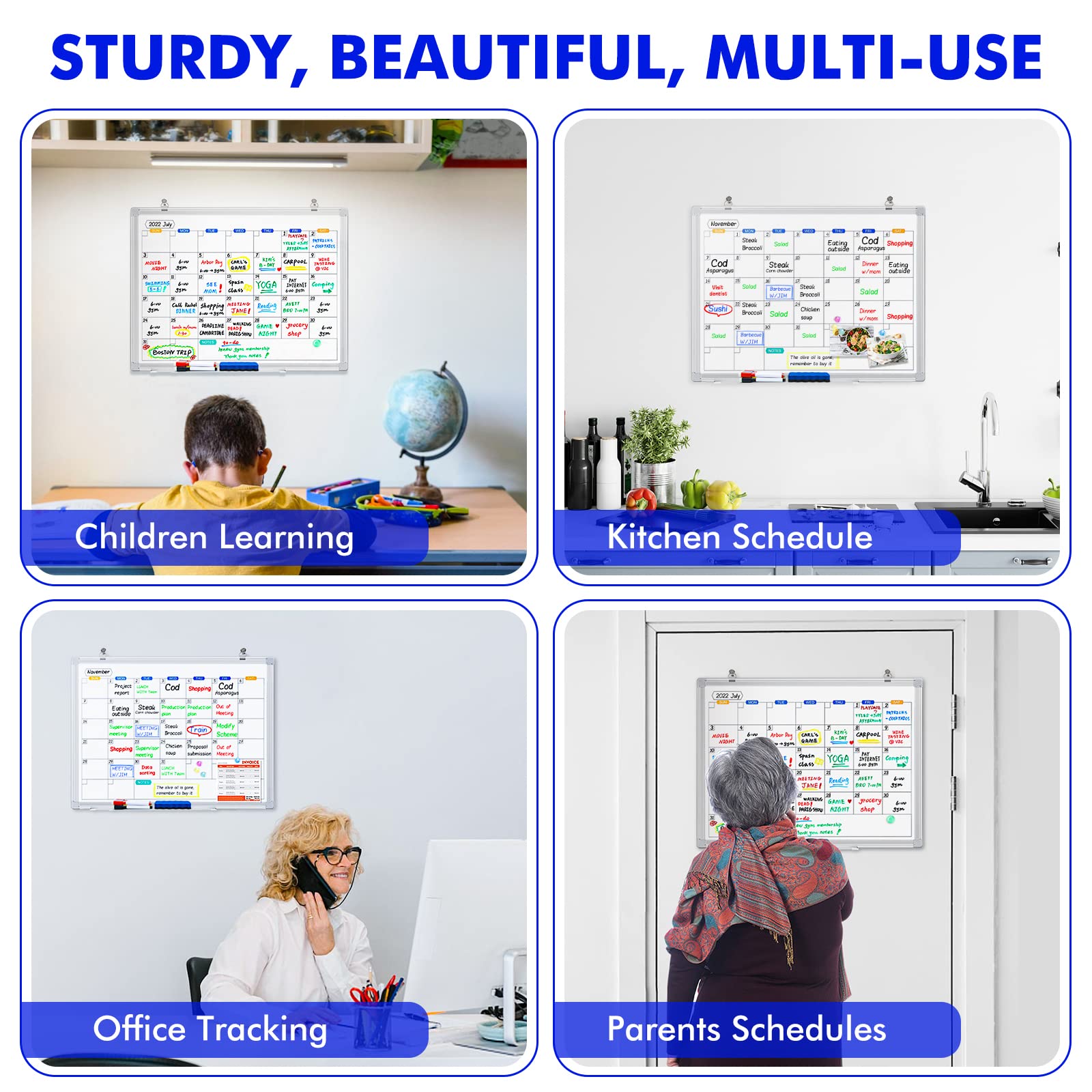 Dry Erase Calendar Whiteboard for Wall, 36" x 24" Magnetic Monthly WhiteBoard Calendar Dry Erase, Wall Hanging Aluminum Frame Calendar Board with Tray for Home, School, Office (Silver Frame)