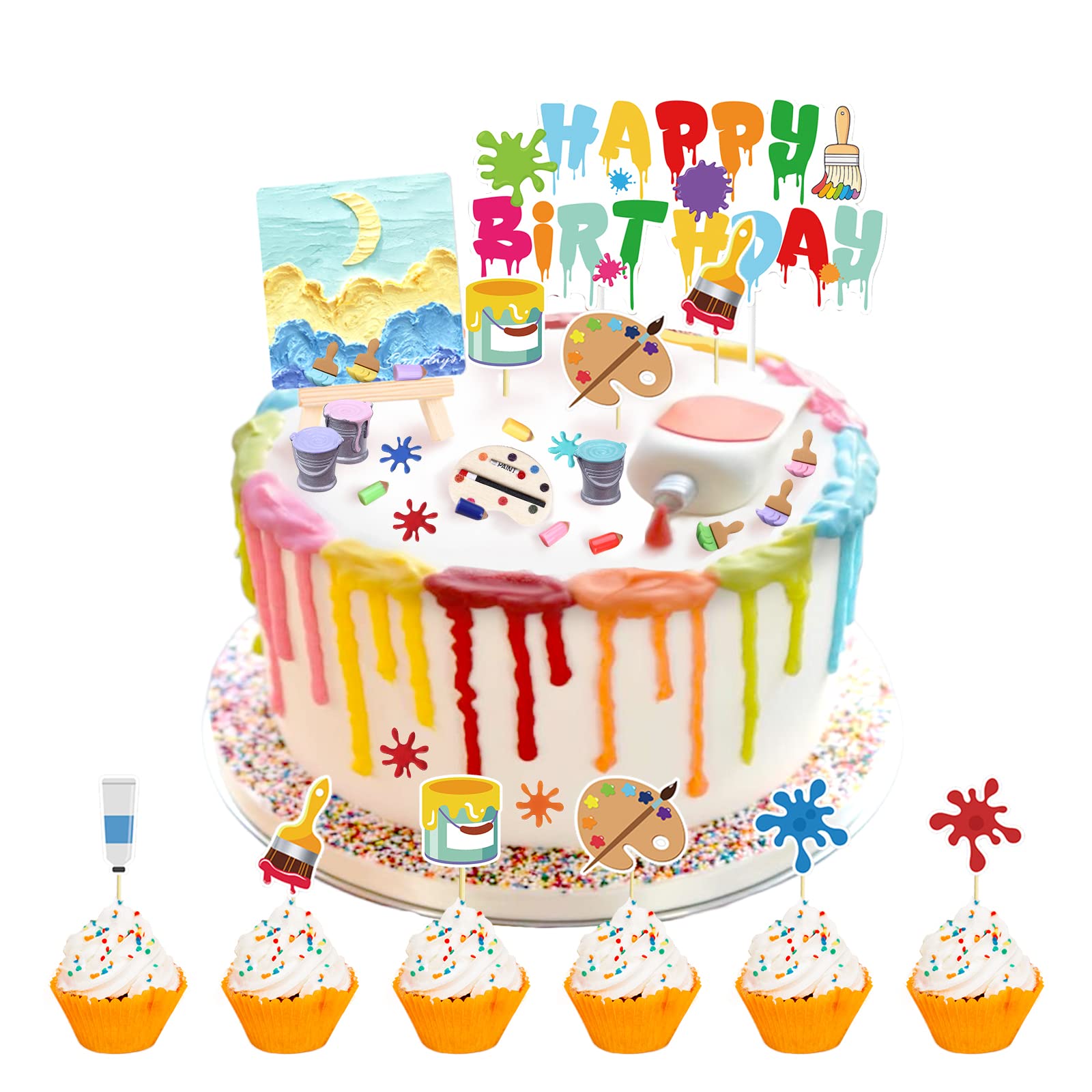 SaSbSc Art Party Cake Decorations with Paint Cupcake Topper Cute Paint Party Supplies Art Themed Birthday Favors for Kid Slime Party Graffiti Artist Birthday Party