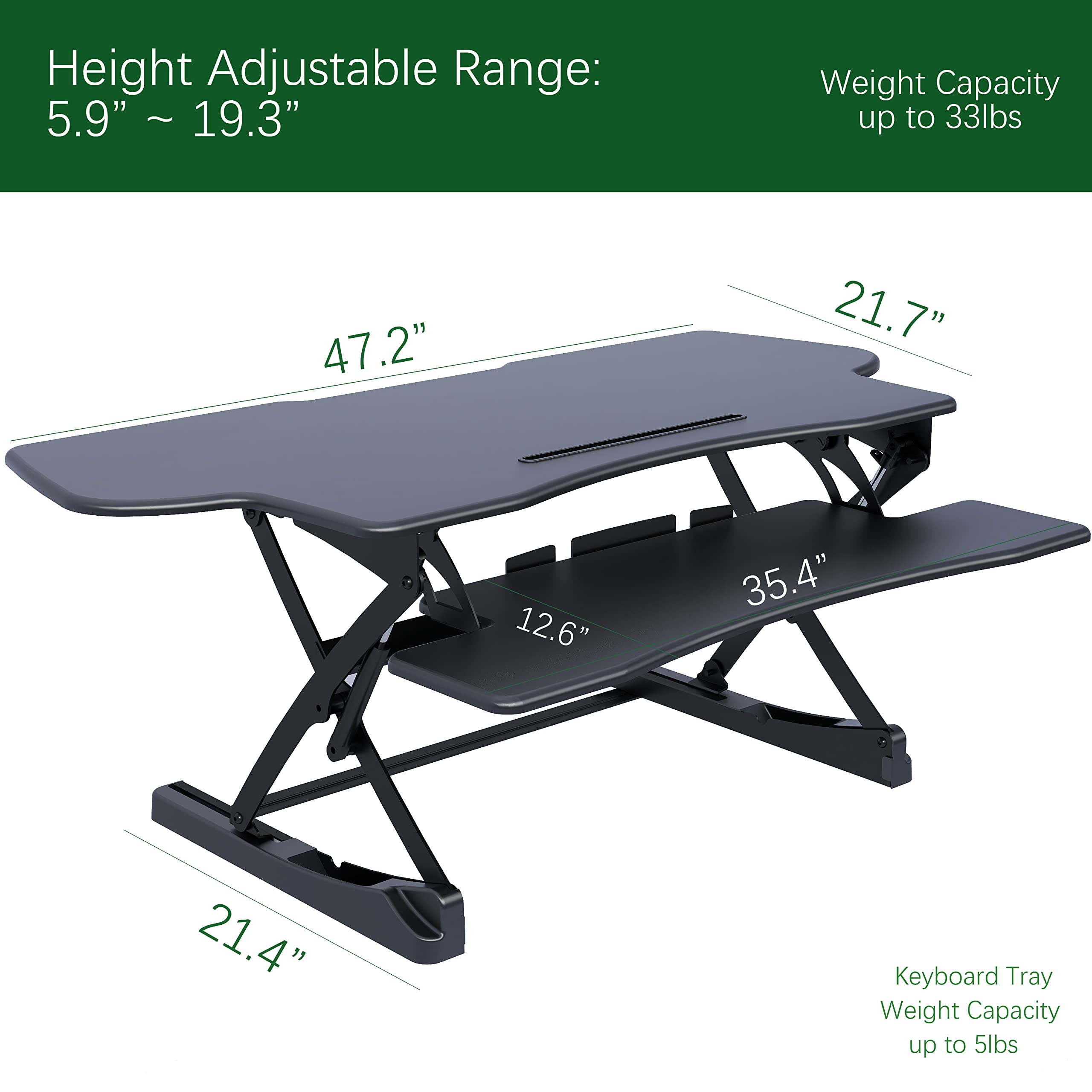Lubvlook Standing Desk Converter, 47" Height Adjustable Sit Stand Desk Riser for Dual Monitors with Keyboard Tray, Black, SD10L