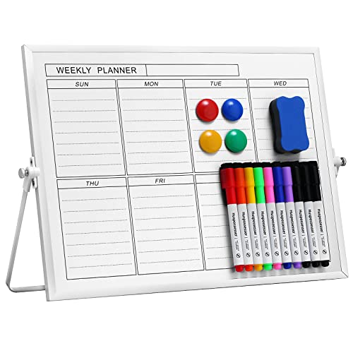 Weekly Dry Erase Board, White Board Dry Erase 16"X12", Double-Sided Magnetic Whiteboard Dry Erase Calendar with Stand for Wall and Desktop, Portable Calendar Whiteboard for Drawing, Writing, Planning