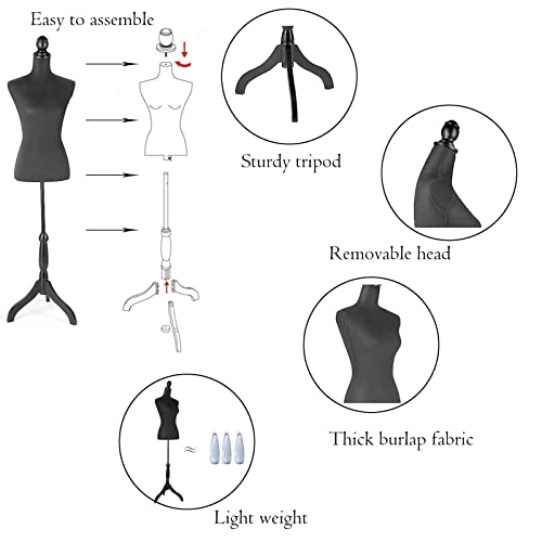 Mannequins Body Female Sewing Mannequin, 52-64 Inch Adjustable Mannequin Dress Forms for Sewing,Mannequin Torso Jewelry Display Wood Tripod Stand Clothing Forms,Black