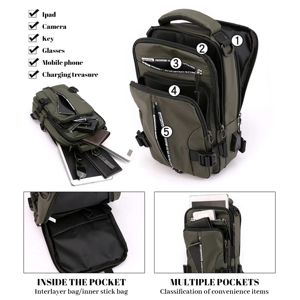 JBB Waterproof Sling Bag Crossbody Backpack for Men Women Multipurpose Waist Pack with USB Charging Port for Hiking Walking Khaki