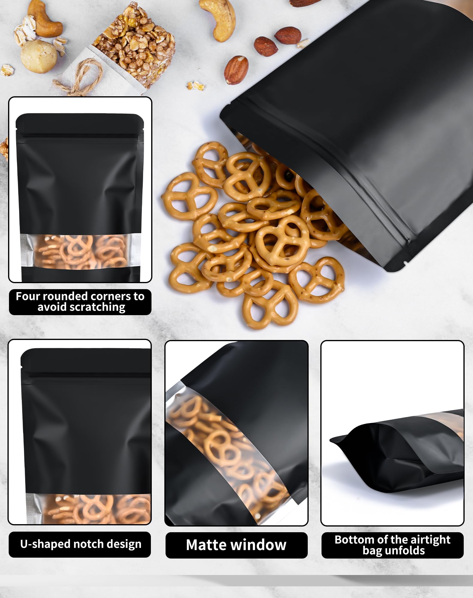 100 Pack Smell Proof Bags, Resealable Bags with Matte Window, Foil Pouch Stand Up Sealable Bags for Packaging(Black,4" x 6")